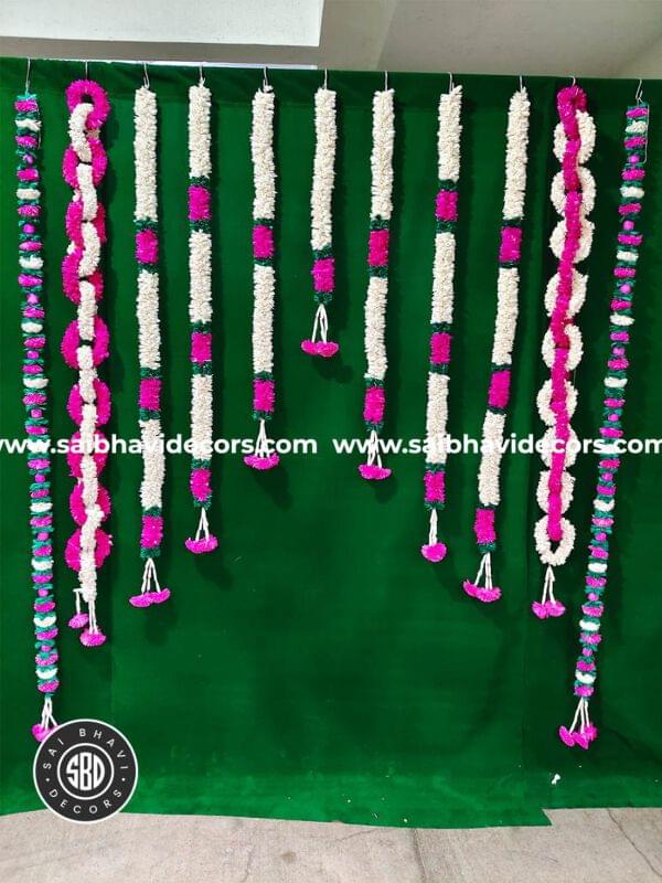 White and Pink Solawood Backdrop Strings Set | Sai Bhavi Decors